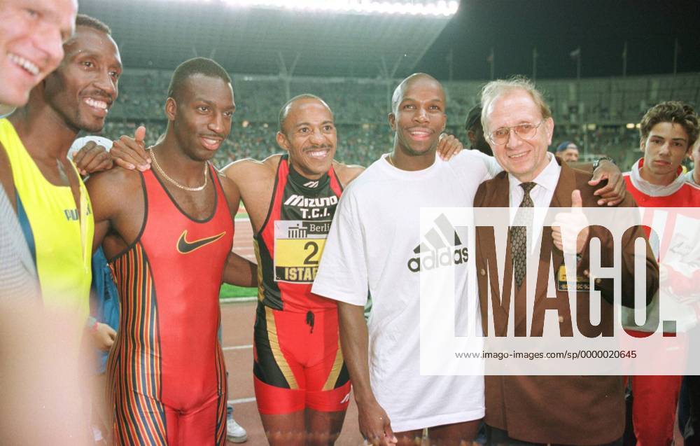 V.r.: Rudi Thiel, Donovan Bailey, Frankie Fredericks, Michael Johnson ...