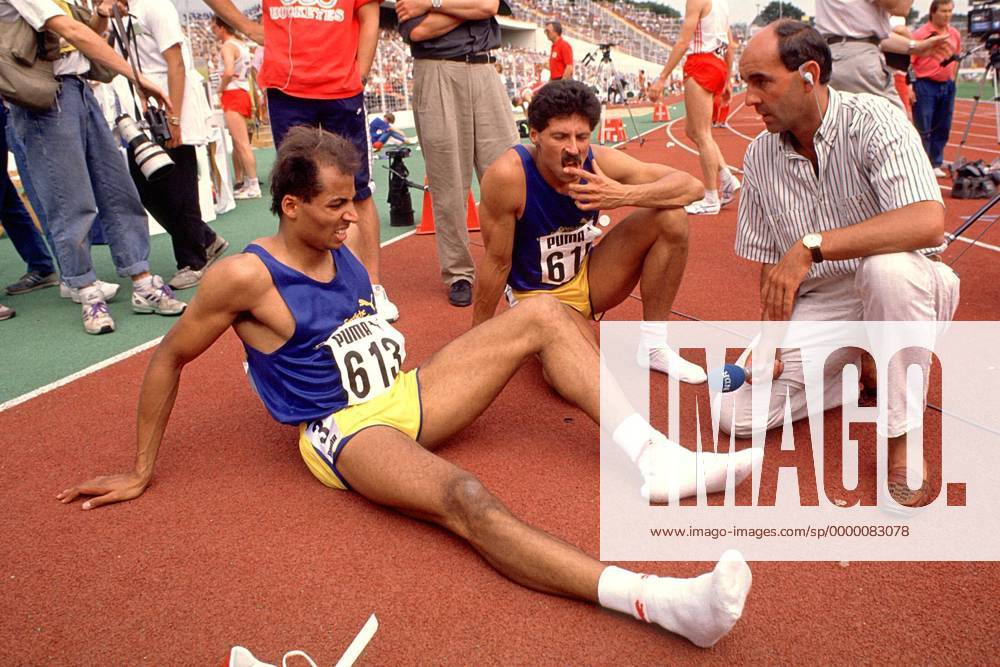 Harald Schmid und Edgar Itt (li.) erschöpft beim Interview Leichtathletik Herren
