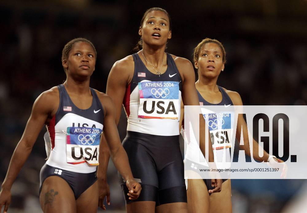 Enttäuschte Blicke v.li.: Lauryn Williams, Marion Jones und LaTasha ...