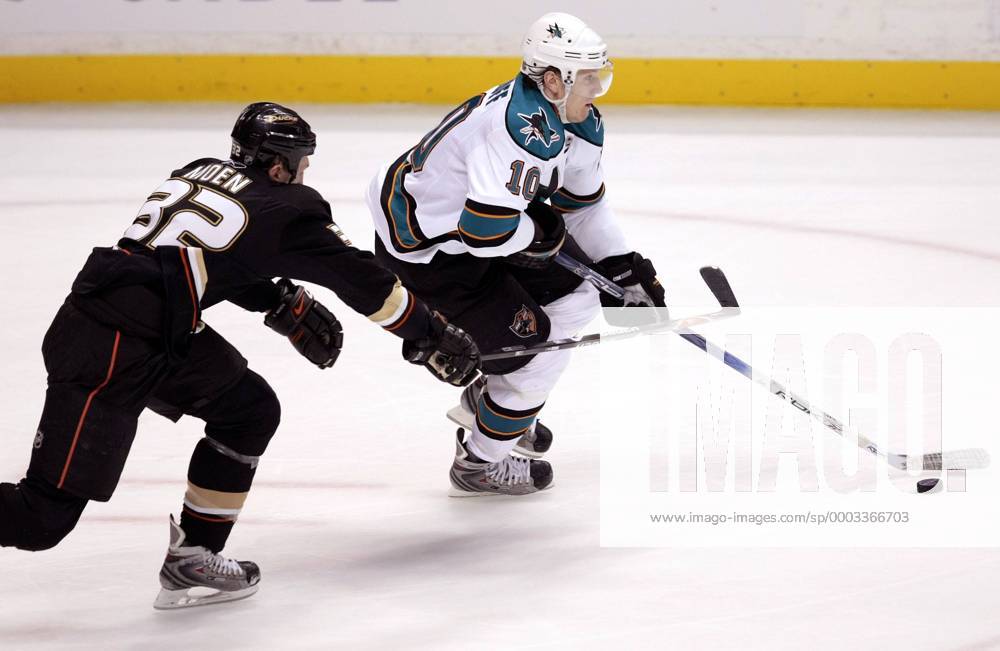 Christian Ehrhoff (San Jose Sharks, re.) gegen Travis Moen (Anaheim ...