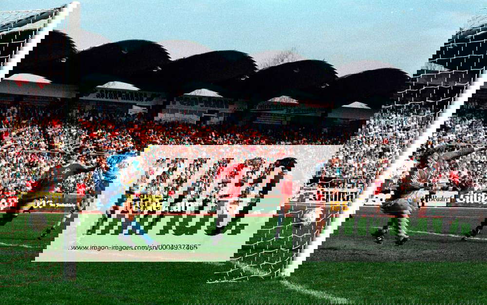 Peter Hobday (Hannover 96, re.) erzielt gegen Torwart Jean Marie Pfaff ...