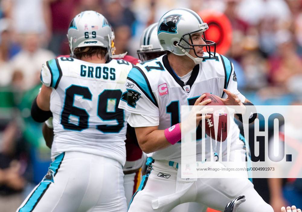 11 October 2009: Panthers quarterback Jake Delhomme looks to pass while ...