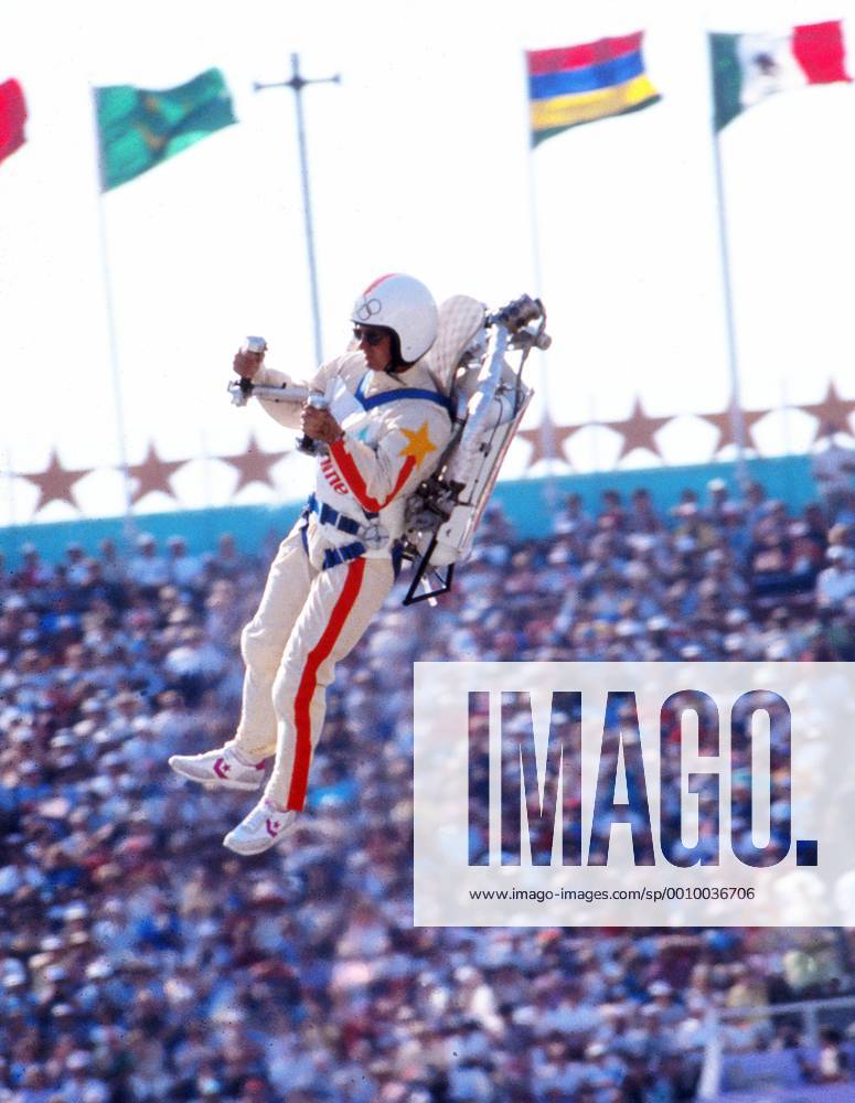 Athletics - 1984 Los Angeles Olympics - Opening Ceremony 28 07 1984 The flying Rocket man with jet