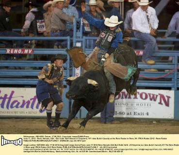 Reno, Nevada, USA - Bull rider Seth Glause of Cheyenne, WY rides ...