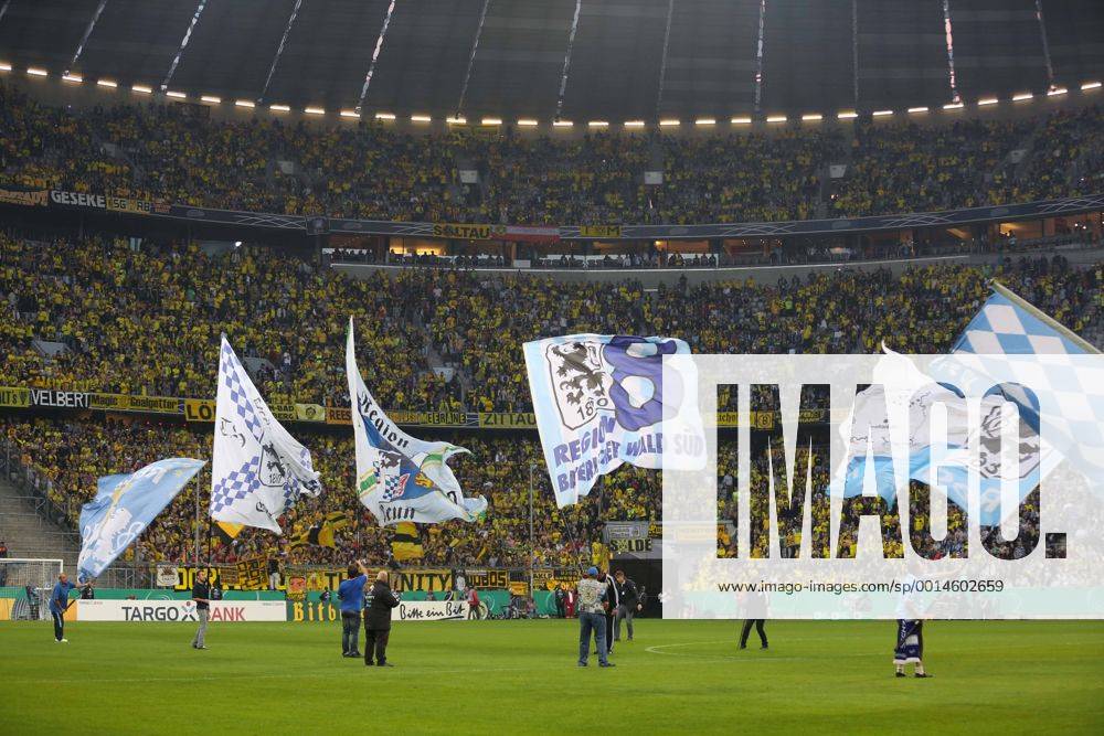 Muenchener Fahnen vor dem BVB-Fan-Block in der Allianz-Arena Muenchen ...