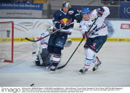 Dennis Endras, Torwart, Frank Maurer, Denis Reul, v.li. Aktion, EHC Red ...