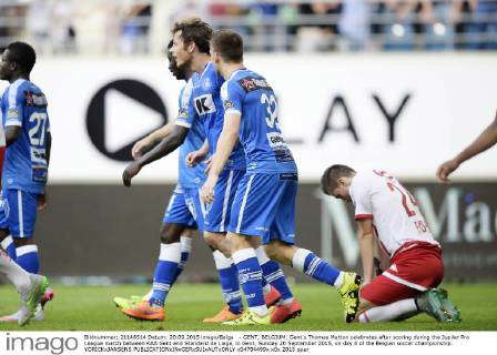 - GENT, BELGIUM: Gent s Thomas Matton celebrates after scoring during ...