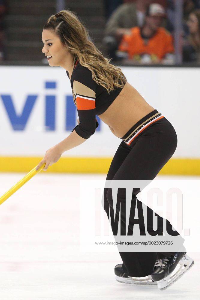 March 2, 2016: Jolene of the Ducks Ice Girls cleans the ice during ...