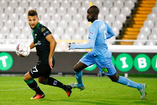 Cercle s Yvan Yagan and Lierse s David Habarugira fight for the ball ...