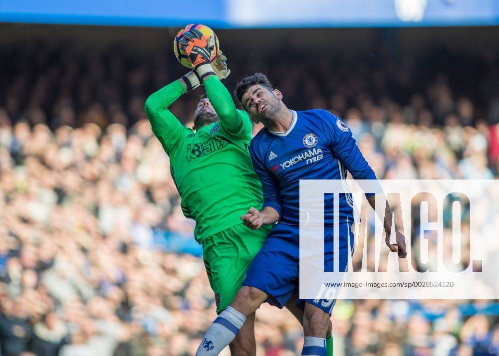 Football - 2016 2017 Premier League - Chelsea vs. WBA Diego Costa of Chelsea pressures Ben Foster