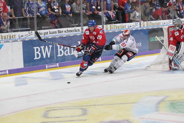 Denis Reul Adler Mannheim, 29 in a duel with Mike Connolly Straubing ...