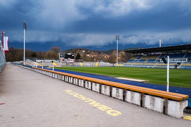 Dark black clouds over the Ernst Abbe sports field EAS Jena the home ...
