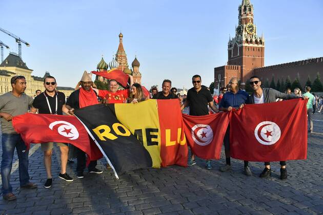 Fans of Belgian national soccer team the Red Devils pose in the Moscow ...