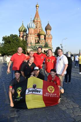 Fans of Belgian national soccer team the Red Devils pose in the Moscow ...