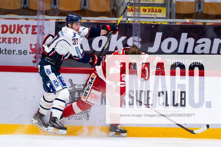 Linköping Adam Ginning and Timras Sebastian Ohlsson during the ice hockey match in SHL between