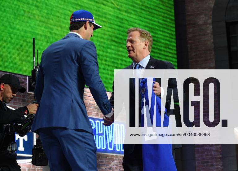 April 25, 2019; Daniel Jones (Duke) shakes hands with NFL American ...