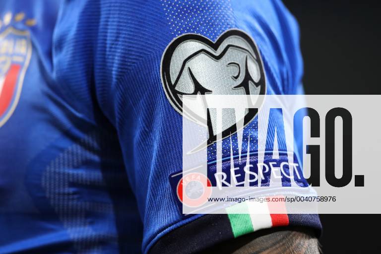 A close up of the UEFA Respect logo on an Italy shirt during the UEFA ...