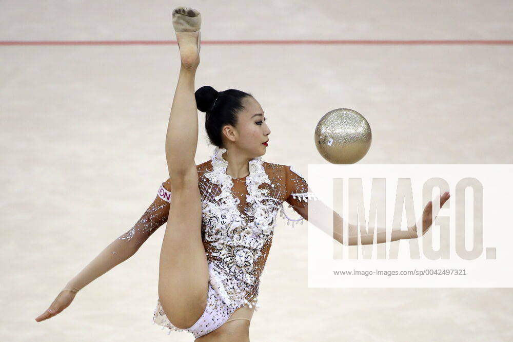BAKU, AZERBAIJAN - SEPTEMBER 20, 2019: Rhythmic gymnast Chisaki Oiwa of Japan performs her ball