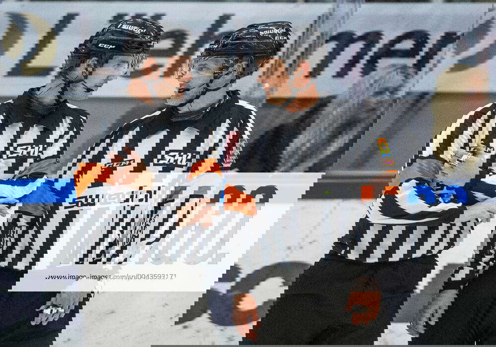 Judge Thomas Andersson and Judge Mikael Nord during the ice hockey match in SHL between Oskarshamn