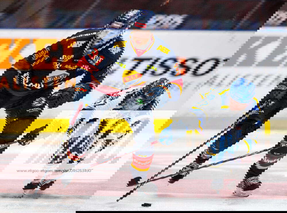 Djurgardens Dick Axelsson and Leksands Daniel Olsson Trkulja during the ice hockey match in SHL