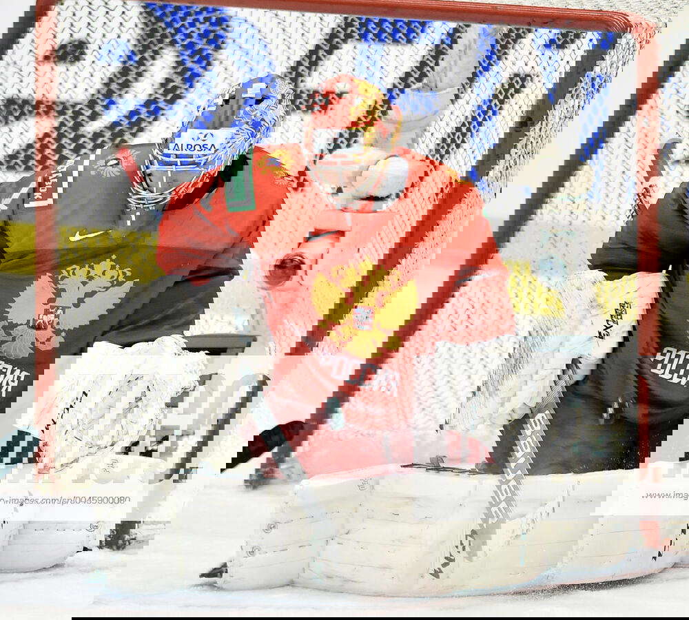 Amir Miftakhov, goalkeeper of Russia, in action during the 2020 IIHF World Junior Ice hockey