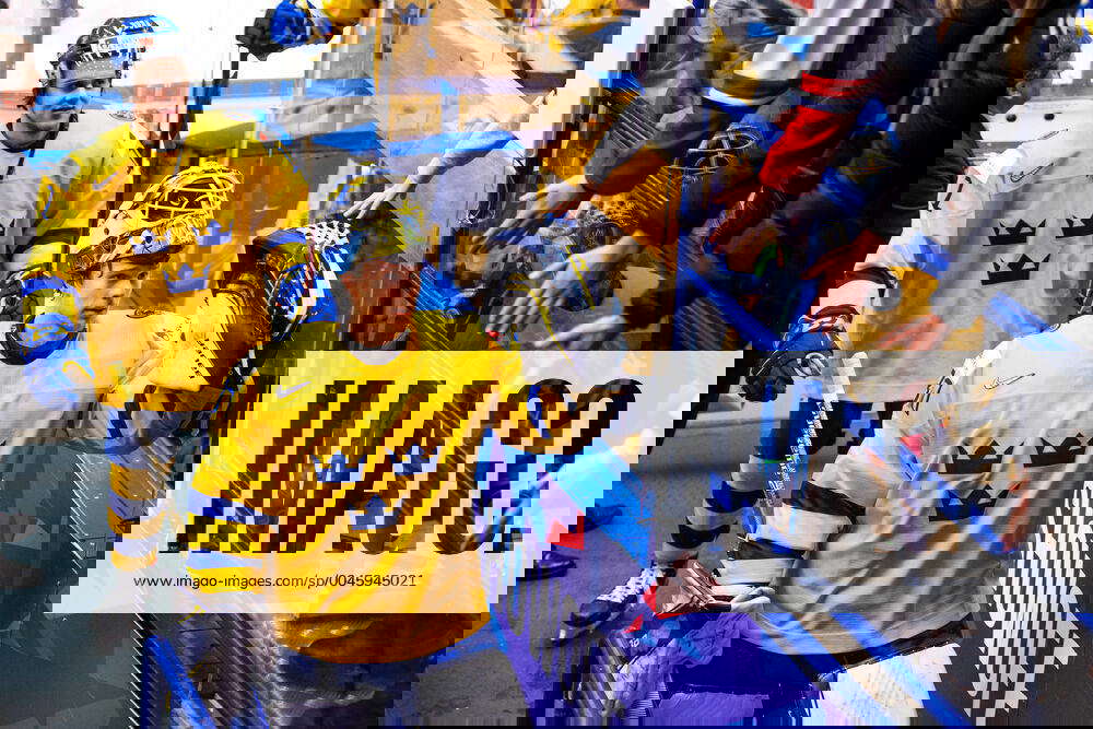 200102 Samuel Fagemo and goalkeeper Hugo Alnefelt of Sweden celebrates ...