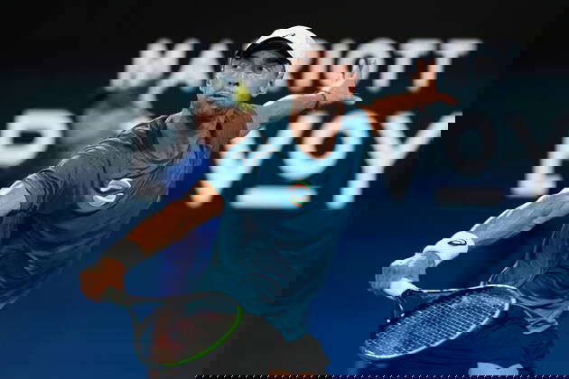 Dimitar Kuzmanov of Bulgaria uses his backhand during the 2020 ATP ...