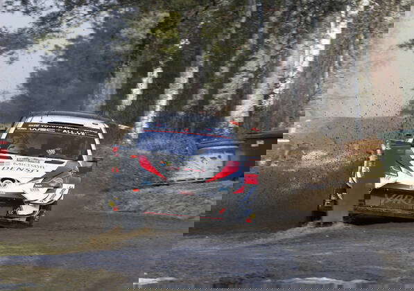 Elfyn Evans and codriver Martin Scott Great Britain compete in their Toyota Yaris WRC on stage