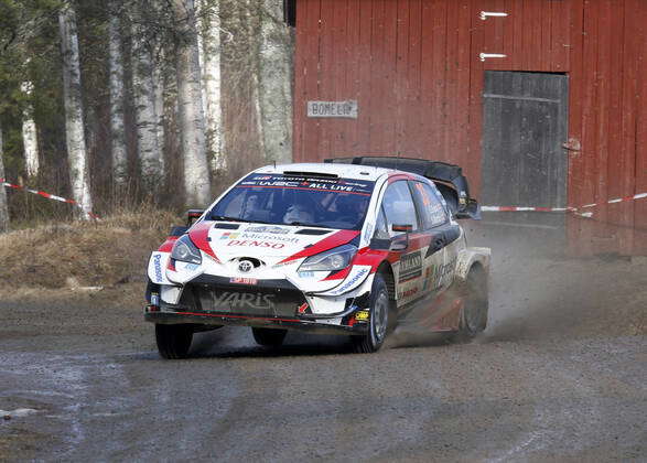 Elfyn Evans and codriver Martin Scott Great Britain compete in their Toyota Yaris WRC on stage