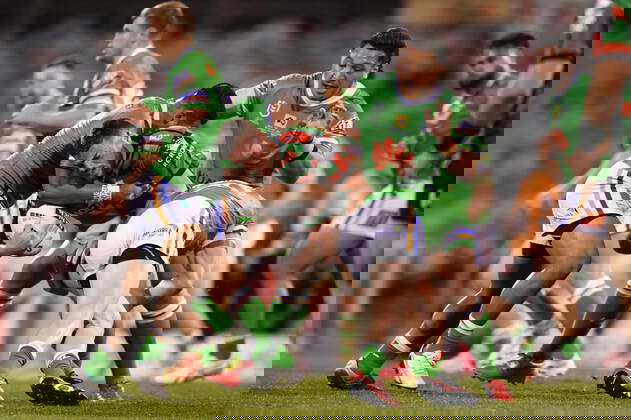 NRL RAIDERS RABBITOHS, Corey Allen of the Rabbitohs is tackled by Sam ...