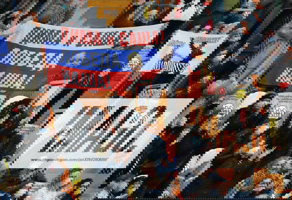 MOSCOW, RUSSIA - NOVEMBER 21, 2020: Fans unfurl a banner with a message ...