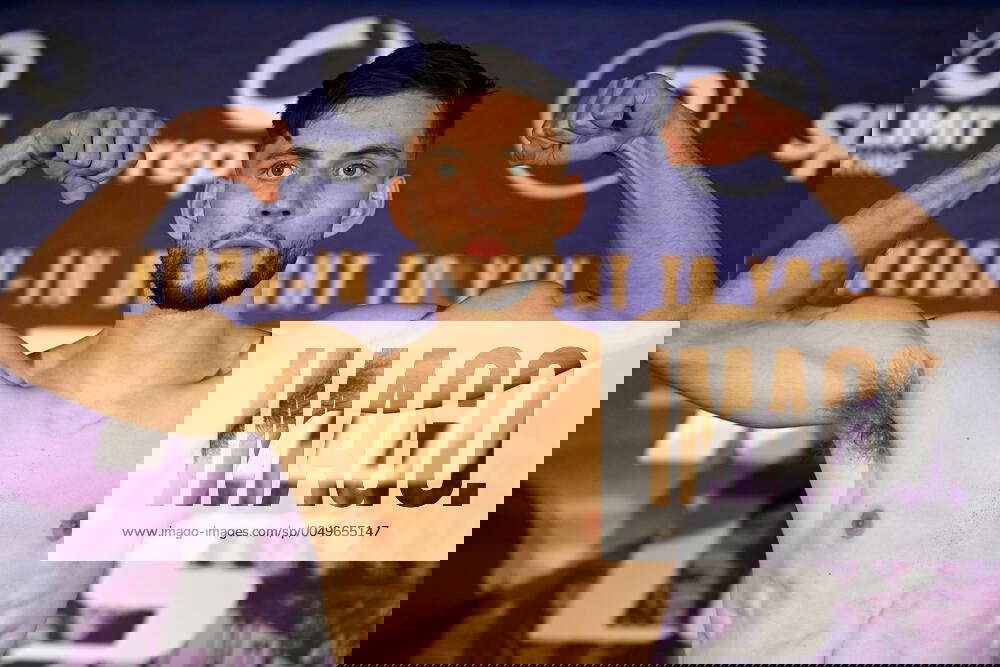 BOXING SUPER FIGHT WEIGH INS, Undercard boxer Ty Telford steps on the ...