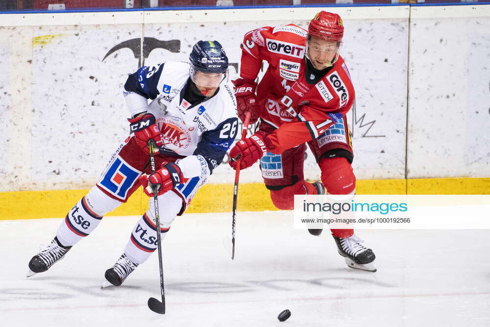 Västerviks Connor Jones and Modos Johan Harju during the ice hockey ...