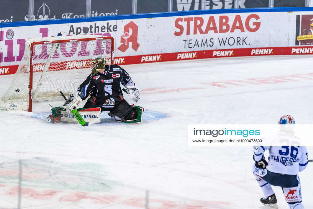 Matthew Robson goalie, Straubing Tigers is beaten after a shot by ...