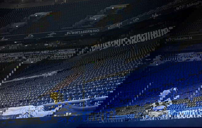 Overview of the Veltins Arena with the mascot Erwin on the stand, home ...