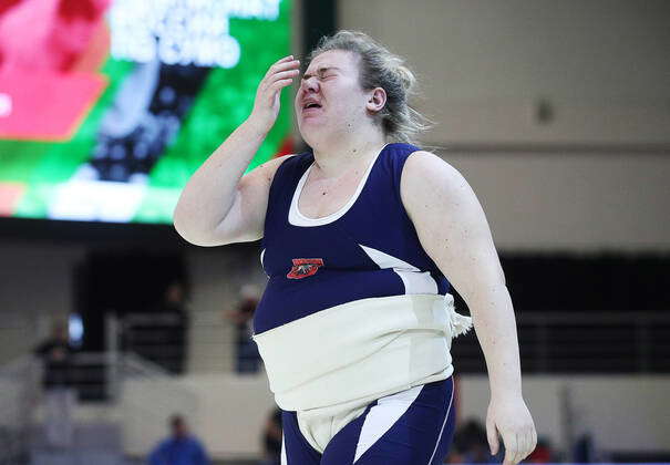 KAZAN, RUSSIA - FEBRUARY 14, 2021: A woman sumo wrestler reacts at the ...
