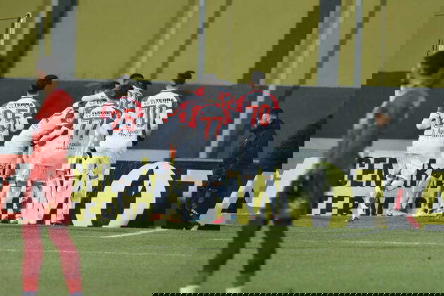 Joy of Sibiu footballers after a goal scored by Martin Patricio ...