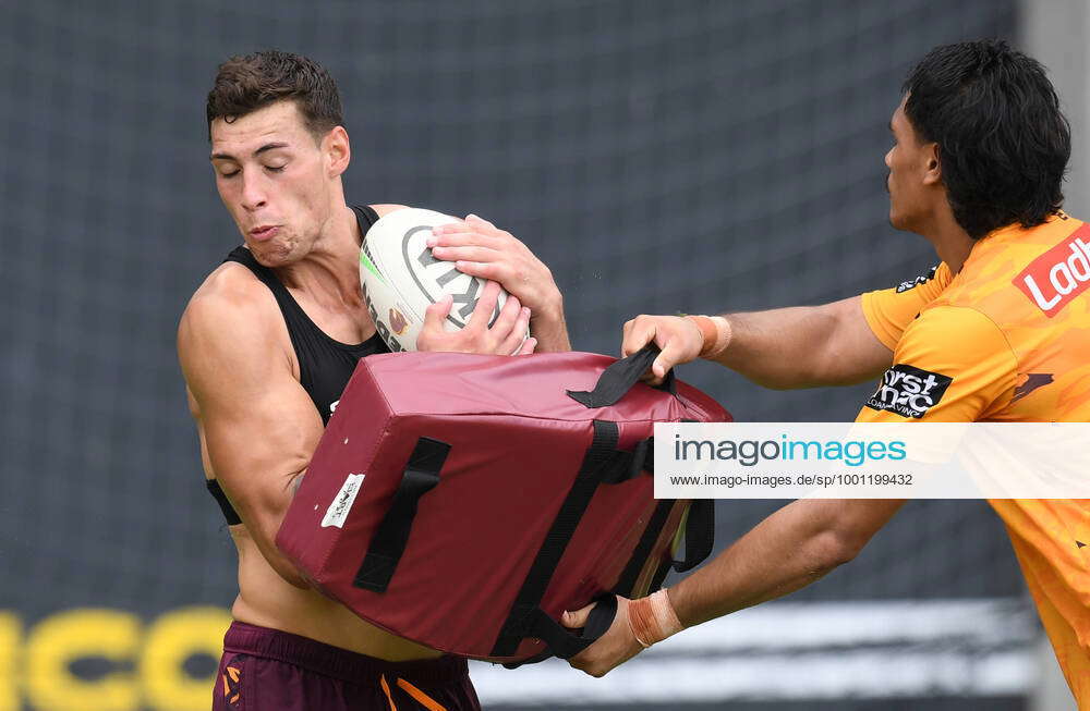 NRL BRONCOS TRAINING, Jordan Riki (left) in action during a Brisbane ...
