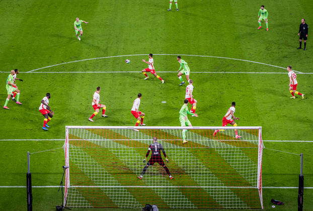 Leipzig goalkeeper Peter Gulacsi watches the match RB Leipzig Borussia ...