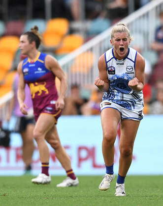 AFLW LIONS KANGAROOS, Daisy Bateman of the Kangaroos celebrates kicking ...