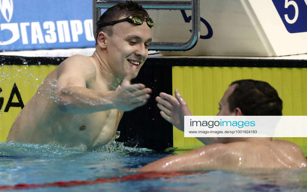 KAZAN, RUSSIA – APRIL 3, 2021: Aleksandr Yegorov (L) and Anton Nikitin are seen after competing in
