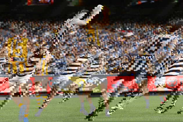 AFL CATS HAWKS, Sam Frost of the Hawks marks the ball during the Round ...