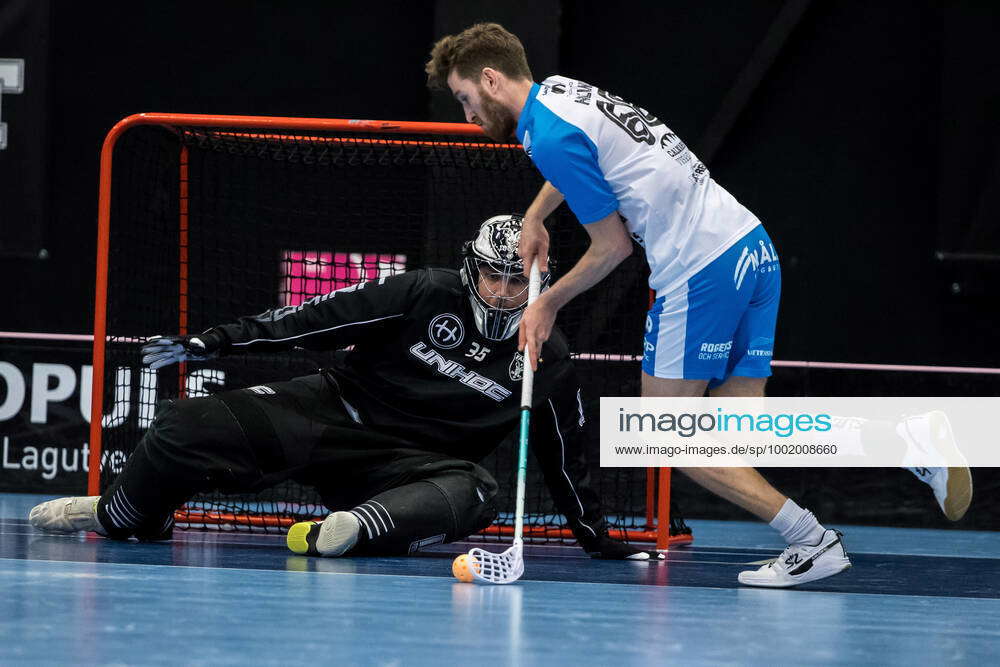Kalmarsunds Kevin Haglund hits penalty against Faluns goalkeeper Johan ...