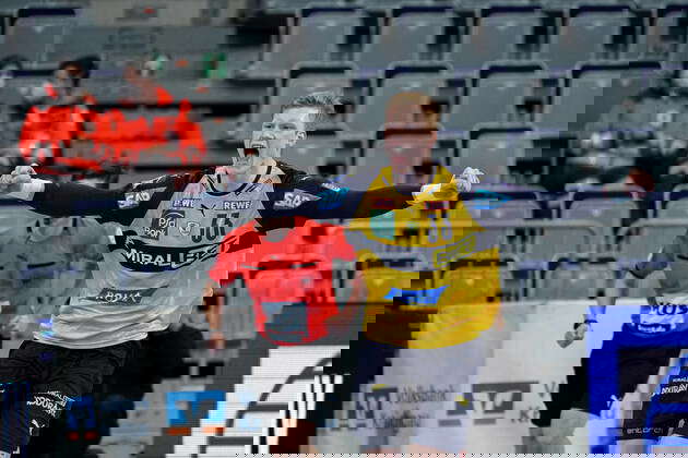 Goal scorer Ymir Örn Gislason RNL, 33, cheers about a goal, jubilation ...