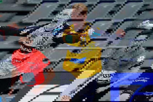 Goal scorer Ymir Örn Gislason RNL, 33, cheers about a goal, jubilation ...