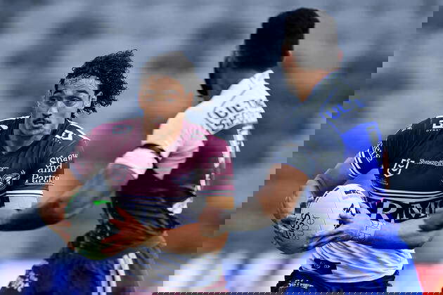 NRL BULLDOGS SEA EAGLES, Morgan Harper of the Sea Eagles is tackled by ...