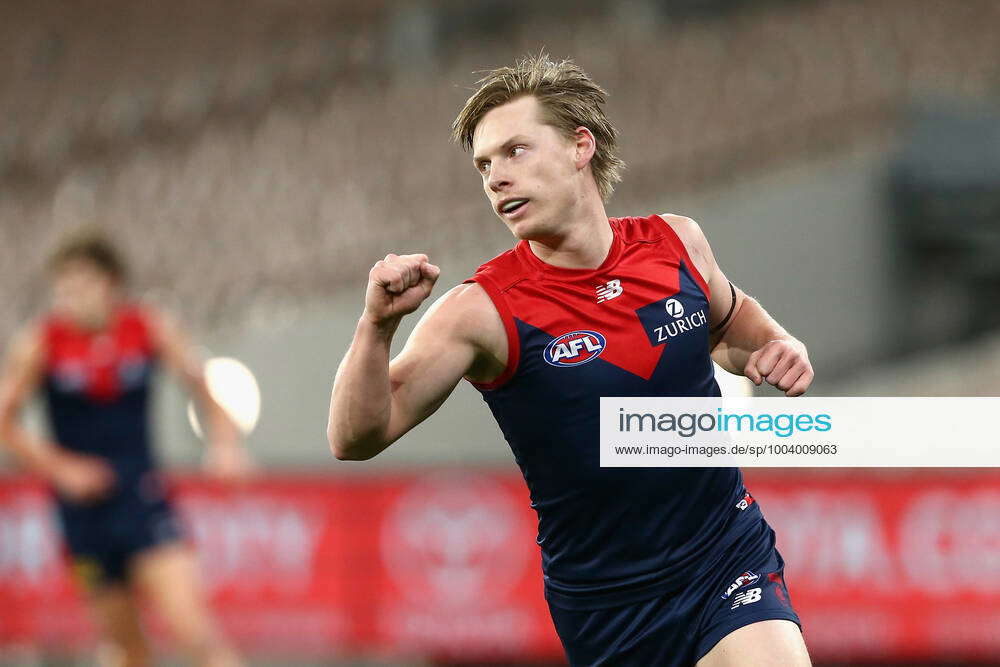 AFL DEMONS HAWKS, Charlie Spargo of the Demons celebrates a goal during ...