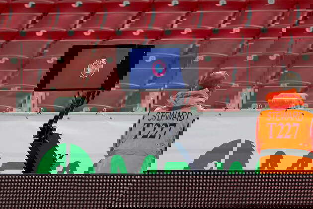 The UEFA Video Assistant Referee (VAR) monitor during the European ...