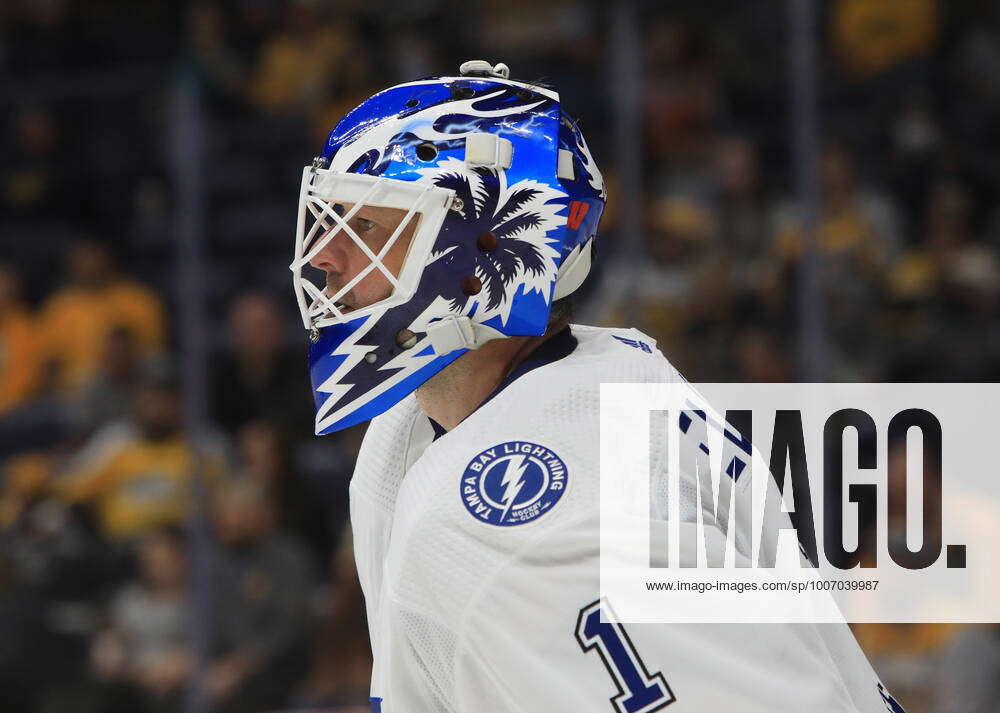 NASHVILLE, TN - OCTOBER 02: The artwork on the mask of Lightning goalie ...