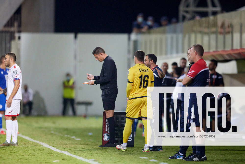 Jake Galea (in yellow), goalkeeper of Malta about to enter the pitch of ...